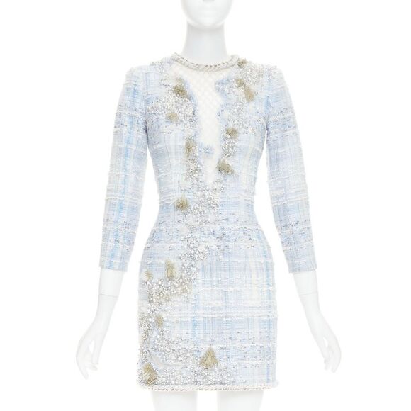 Balmain | Dresses | Rare Balmain Blue White Tweed Pearl Bead ...
